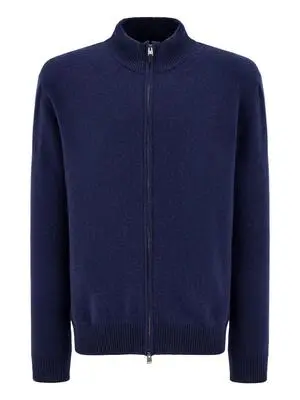 Canali Navy Wool And Cashmere Full-zippered Cardigan - Blue