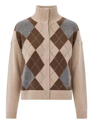 Max Mara Max Mara Studio Argyle Knit Turtleneck Cardigan Ecru