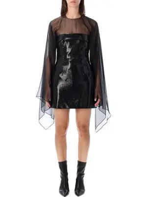 Alberta Ferretti Sequin Mini Dress With Sheer Chiffon Cape - Nero