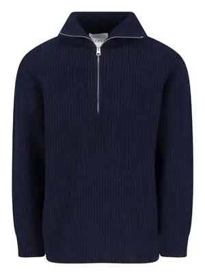 Closed Ribbed Half-zip Mock Neck Sweater - Blue