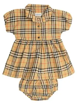 Burberry Plaid Cotton Dress And Bloomer Set - Beige
