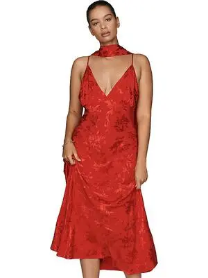 Maeve Clara Scarf-Neck Jacquard Midi Dress Red