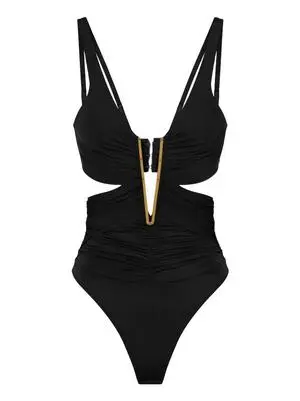 Elisabetta Franchi Draped Cut-out Bodysuit With Golden V-plaque - Black