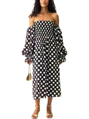 Sleeper Atlanta Polka-dot Off-the-shoulder Midi Dress - Black