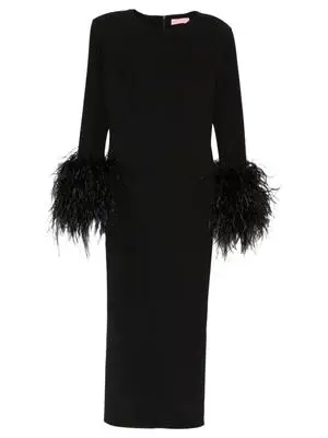 TWENTY FOURHAITCH Feather-trim Long-sleeve Midi Dress - Black