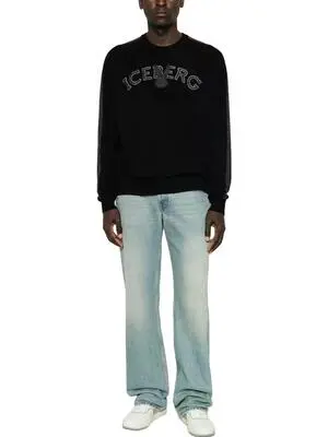Iceberg Logo-embroidered Side-stripe Crew Neck Sweater - Black