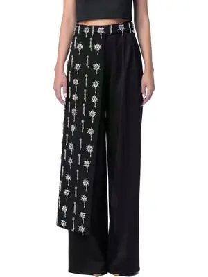 M.MARQUISE Wool Crystal Embellished Draped Wide-leg Trousers - Black