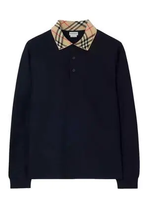 Burberry Long-sleeve Check Collar Cotton Polo Shirt - Blue