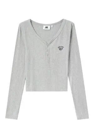 CHOCOOLATE CHOCOOLATE Ribbed Knit Heart Motif Long Sleeve T-Shirt Grey