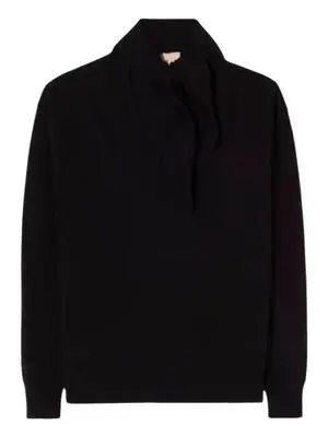 Plan C Shawl V-neck Sweater With Pussy-bow Collar - Black