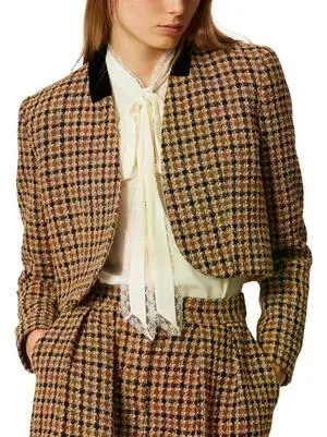 TWINSET Bouclé Check Spencer Jacket - Brown