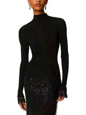 TWINSET TWINSET Black Ribbed Knit Embellished Turtleneck Jumper