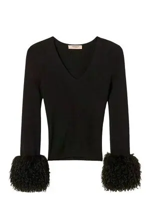 TWINSET Rib Knit Jumper With Faux Fur Cuffs - Black