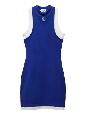 Versace Embroidered-logo Stretch Cotton-jersey Mini Dress - Blue