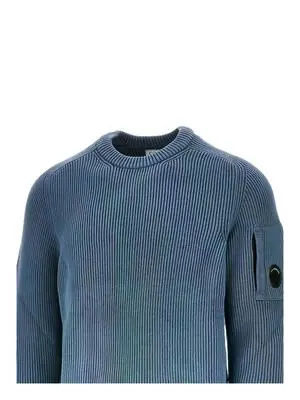 C.P. COMPANY Full Rib Cotton Crewneck Sweater With Lens Detail - Blue