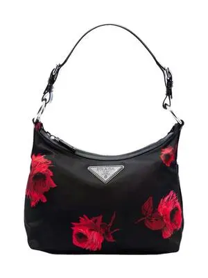 Prada Prada Tissuto Rose Printed Shoulder Bag Black