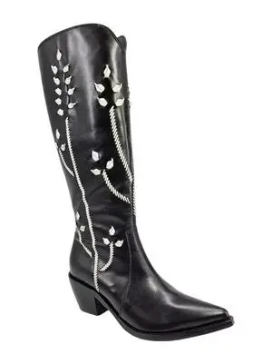 MADISON MAISON Tall Floral-embroidered Leather Boots - Black