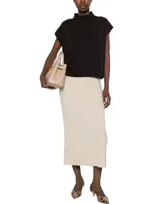 Eric Bompard Ribbed Knit Side Slit Midi Skirt - Neutrals