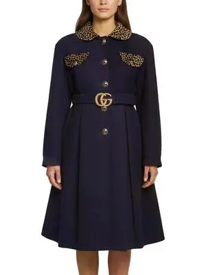 GUCCI Gucci Leopard-Print Trim Belted Wool Coat