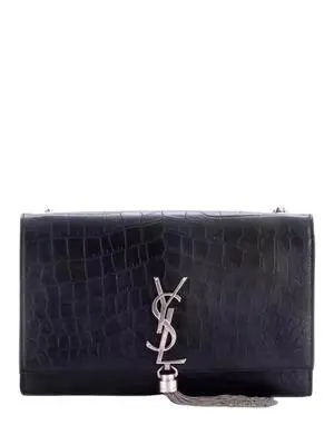 Saint Laurent Monogram Tassel Crocodile Embossed Leather Medium Crossbody Bag - Black
