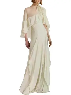 Alberta Ferretti Alberta Ferretti Ruffled Silk Cape Maxi Dress White