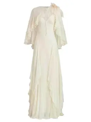Alberta Ferretti Alberta Ferretti Ruffled Silk Cape Maxi Dress White