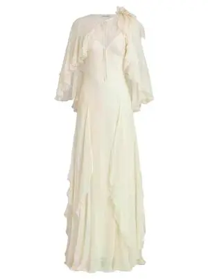 Alberta Ferretti Ruffled Silk Cape Maxi Dress - White