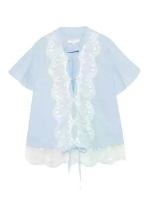 BABYLONE PARIS Lace Trim Flutter Sleeve Top - Blue