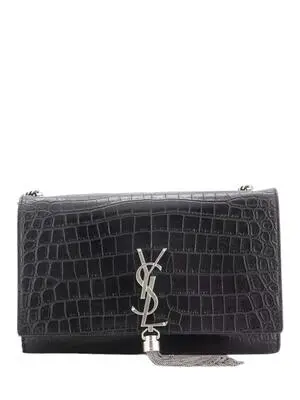 Saint Laurent Classic Monogram Tassel Crocodile Embossed Leather Medium Crossbody Bag - Black