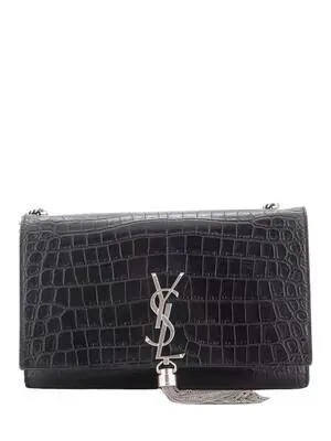 Saint Laurent Classic Monogram Tassel Crocodile Embossed Leather Medium Crossbody Bag - Black