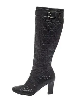 DIOR Christian Dior Black Leather Cannage Quilted Buckle-Detail Knee-High Boots