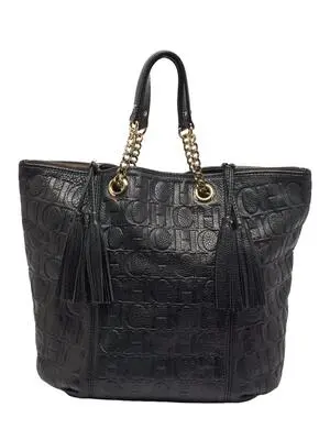 Carolina Herrera Monogram Embossed Tassel Tote Bag - Black