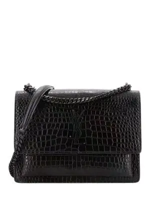 Saint Laurent Crocodile Embossed Leather Medium Crossbody Bag - Black