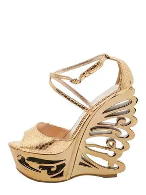 LE SILLA Snakeskin-embossed Butterfly-wedge Sandals - Gold