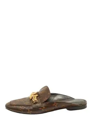 LOUIS VUITTON Monogram Canvas Mules With Gold-tone Chain Link - Brown