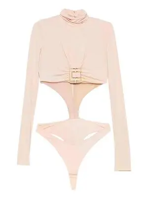 Elisabetta Franchi Long Sleeve Cut-out Bodysuit With Logo Plaque - Pink