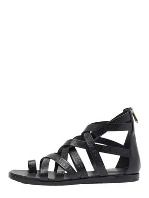 BALMAIN Balmain Black Leather Logo Embossed Strappy Zip Up Flat Sandals