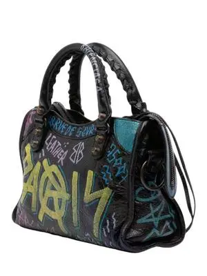 Balenciaga 2018 Lambskin Motocross Graffiti Classic City Satchel - Black