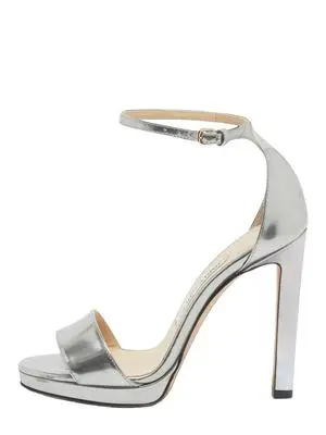 JIMMY CHOO Jimmy Choo Silver Metallic Leather Ankle Strap Sandals