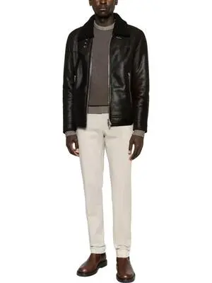 DONDUP Leather Jacket With Shearling Collar - Brown