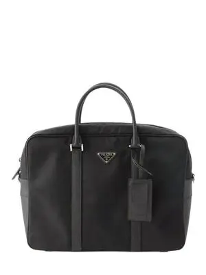 Prada Saffiano Trimmed Tessuto Business Bag - Black