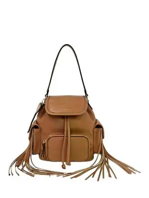 LE PANDORINE LE PANDORINE Brown Fringe Detail Leather Backpack