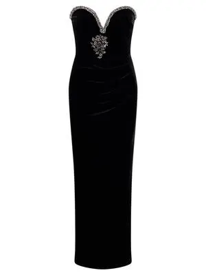 SELF-PORTRAIT Velvet Sweetheart Neckline Maxi Dress With Rhinestone Trim And Floral Brooch - Black
