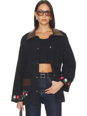 FOUND Embroidered Canvas Work Jacket With Leather Trim - Black
