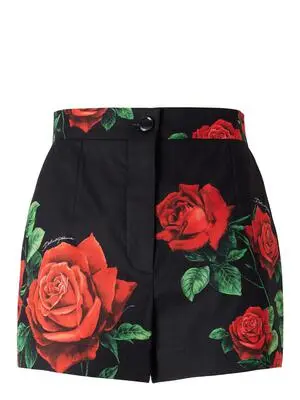 Dolce & Gabbana Floral Print Cotton Poplin Shorts - Black