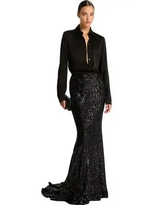 Michael Kors Sequin Embroidered Stretch Fishtail Skirt - Black