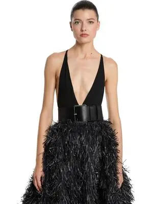 Michael Kors Stretch Matte Jersey Plunge Neck Bodysuit - Black