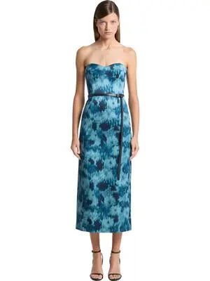 Michael Kors Floral Chiné Satin Duchesse Bustier Strapless Sheath Dress In Size By - Blue