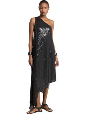 Michael Kors Hand-embroidered Sequin Silk Georgette Asymmetric Dress In Size By - Black