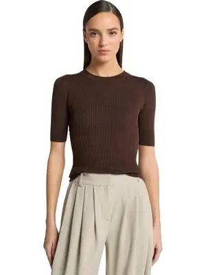 Michael Kors Michael Kors Collection Ribbed Wool Elbow-Sleeve Sweater Brown